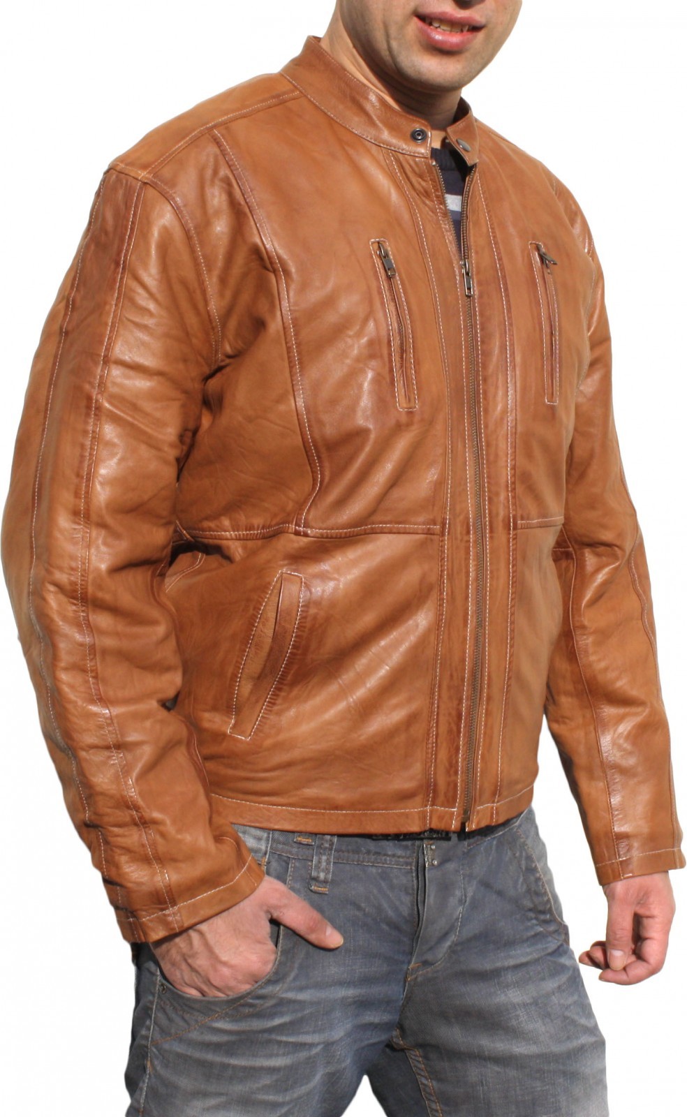 Men Leather Jacket, Fashion Sheep Skin Lamb Nappa-Leather,Color: Brown