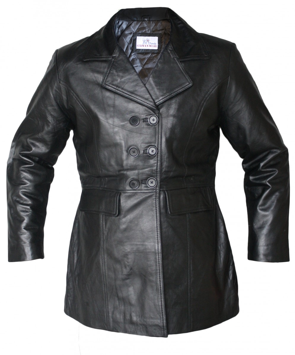 Damen Midi Ledermantel Trenchcoat echtleder Mantel aus Lammnappa Leder Schwarz